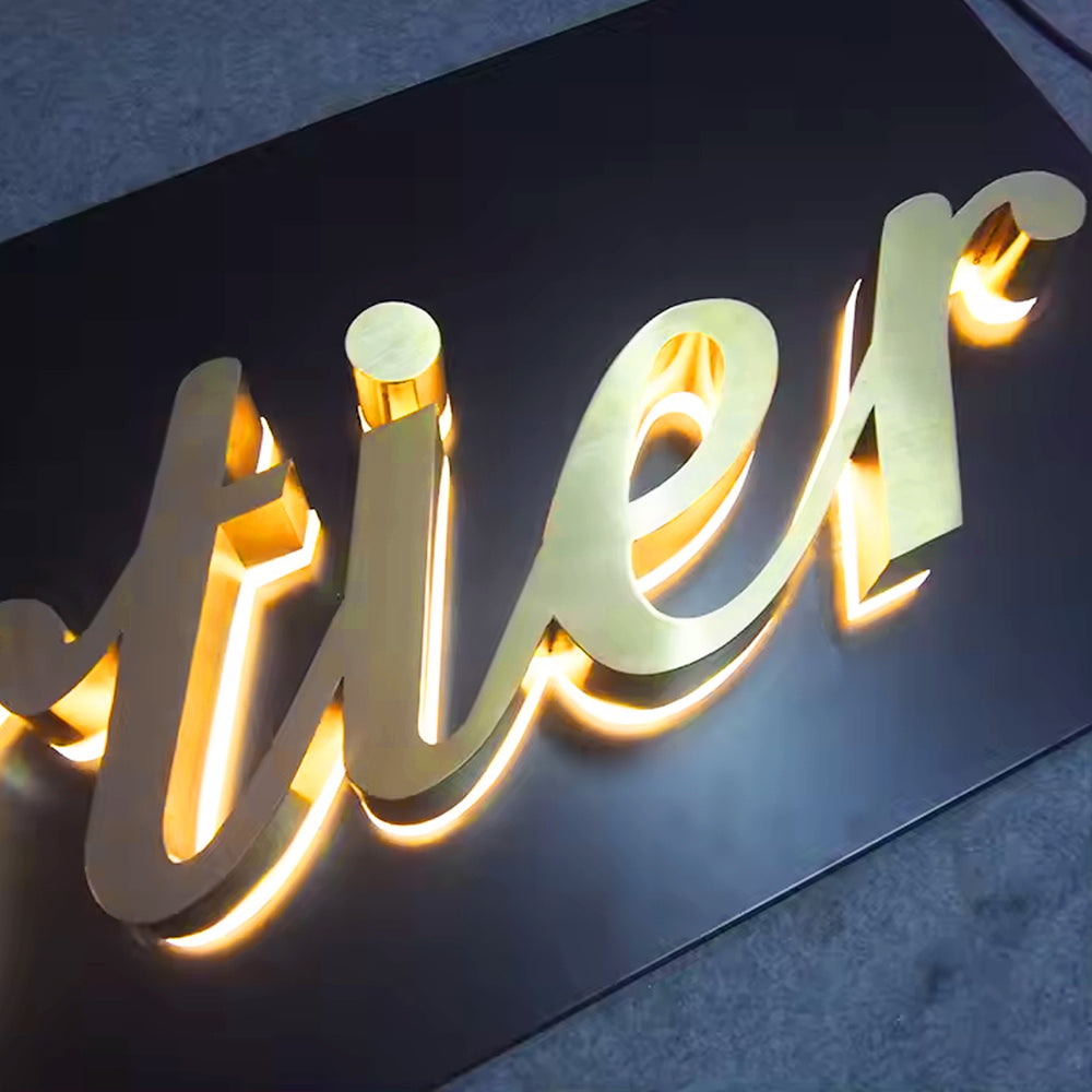 Custom 3D Metal Backlit Sign, Stainless Steel Logo Sign Gold Black Let