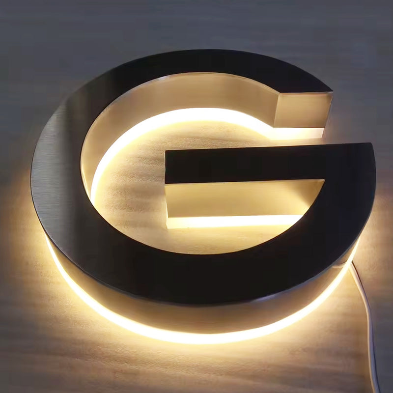 Custom 3D Metal Backlit Sign, Stainless Steel Logo Sign Gold Black Let